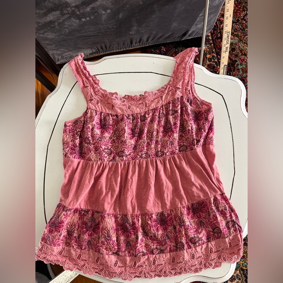 Lucky Brand | Tops | Lucky Brand Pink Lace Trim Floral Boho Flowy Tank ...